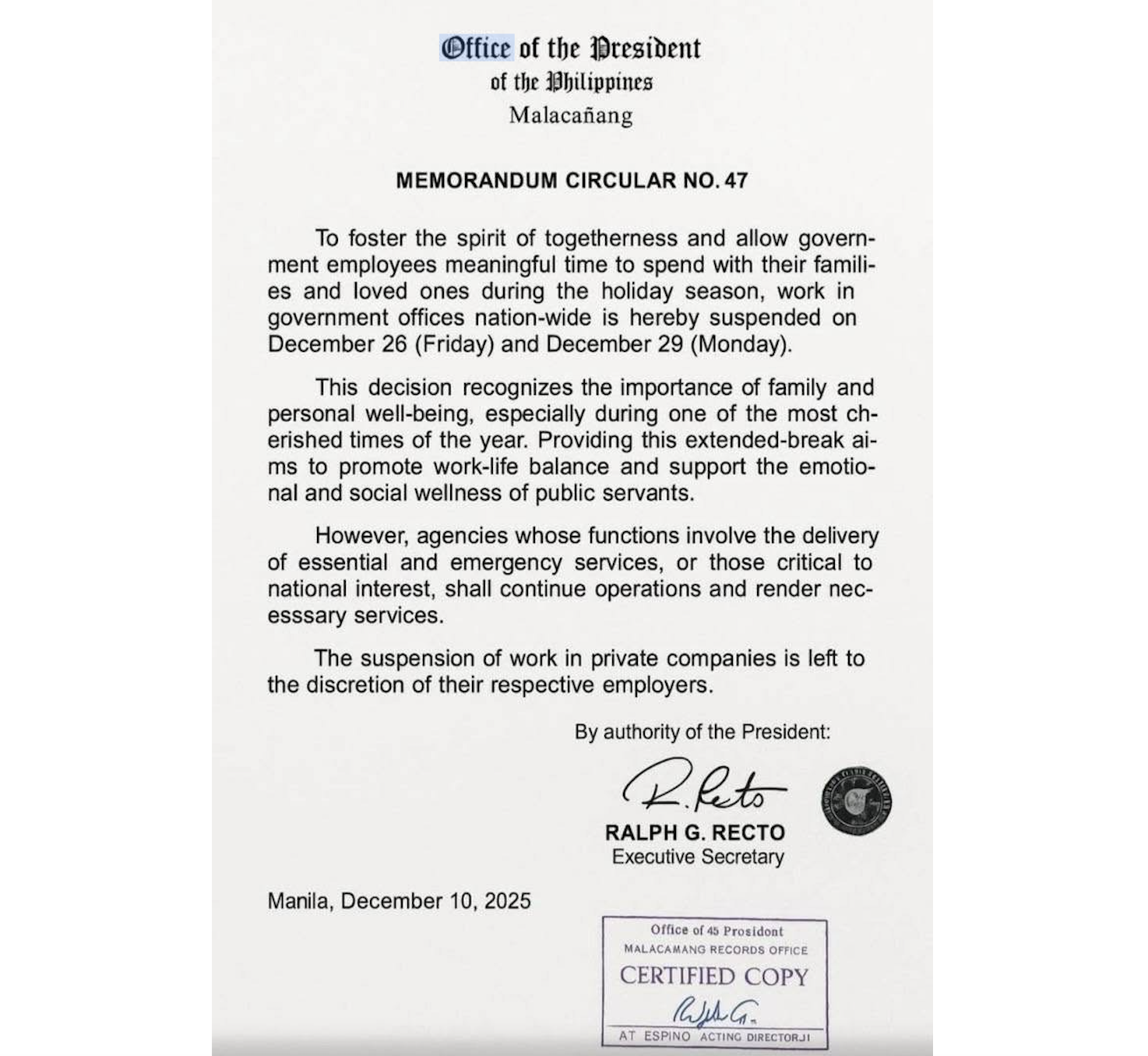 Recto warns of fake Dec. 26, 29 gov’t work suspension memo