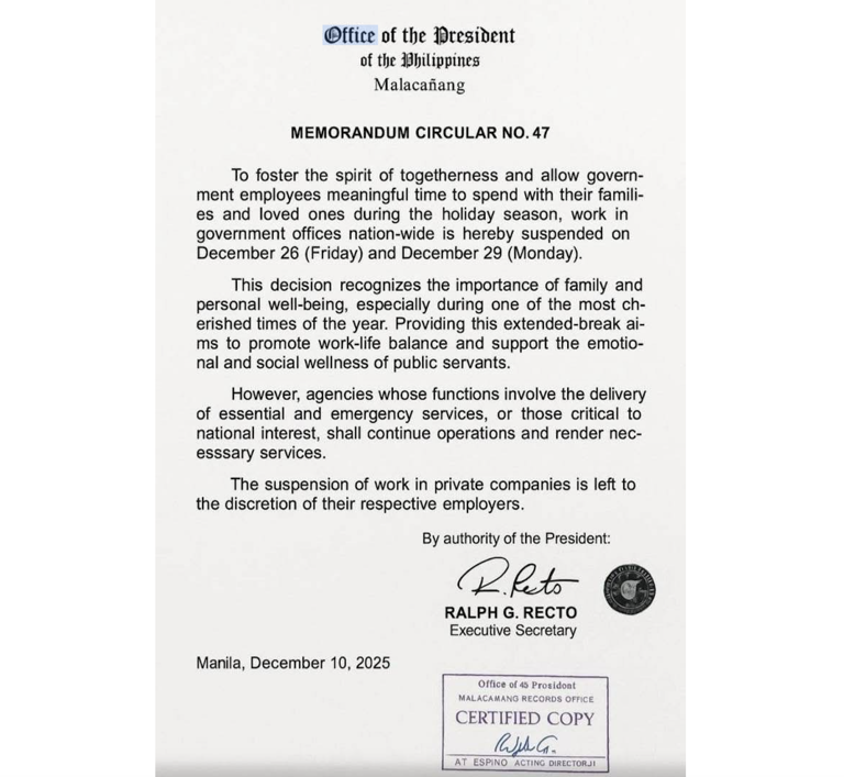 Recto warns of fake Dec. 26, 29 gov’t work suspension memo