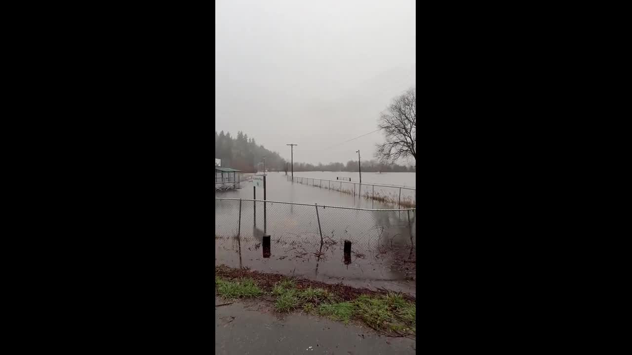 Extreme flood engulfs baseball field in Fall City, Washington, USA