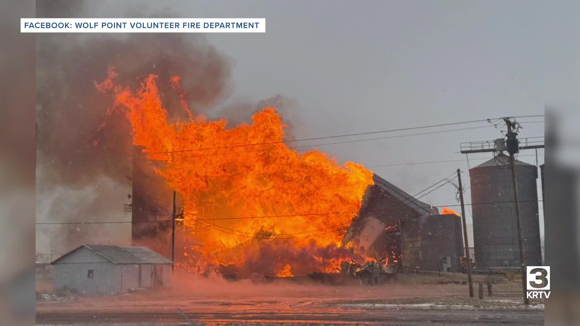 Grain elevator destroyed by fire in Wolf Point