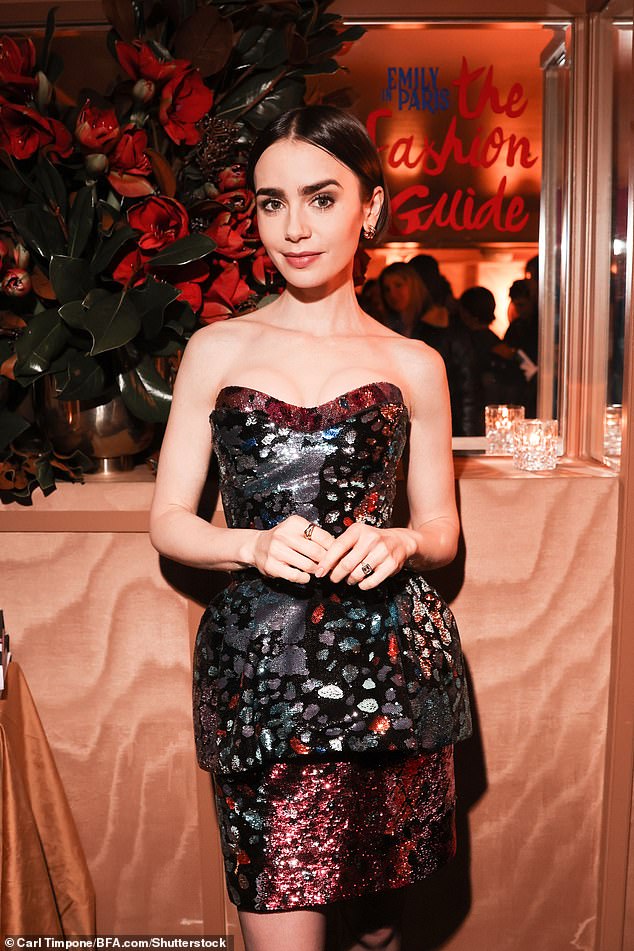 Lily Collins turns heads in a strapless sequin minidress after meeting ...