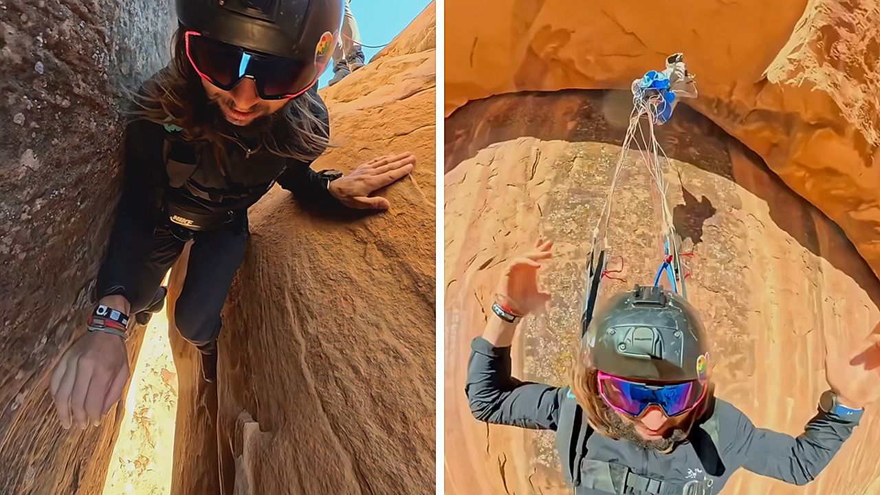 Man drops through crack in cliff for insane BASE jump