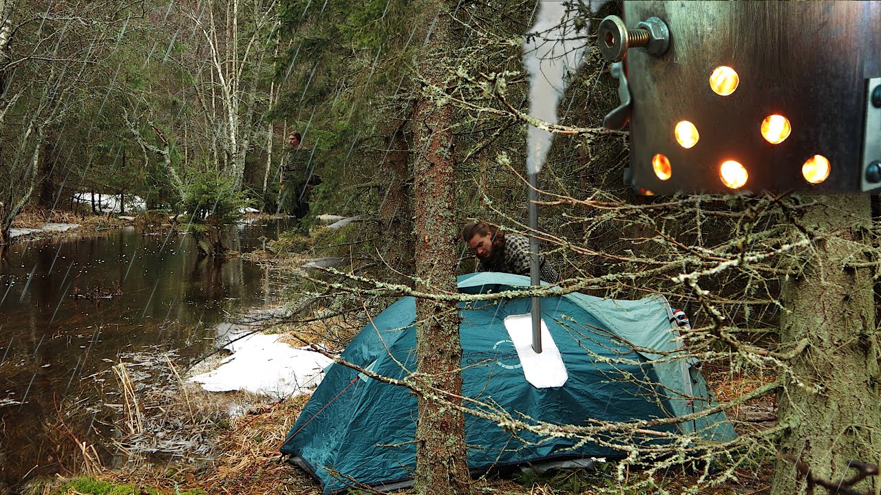 Hot tent adventure | Camping in rainy weather by the stream