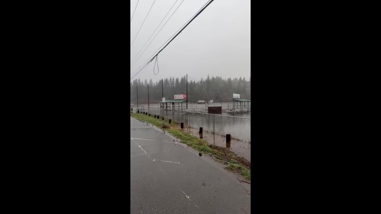 Extreme flood engulfs baseball field in Fall City, Washington, USA