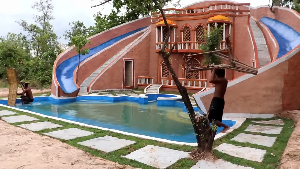 100 days to build a stunning mud villa with waterslide and pool