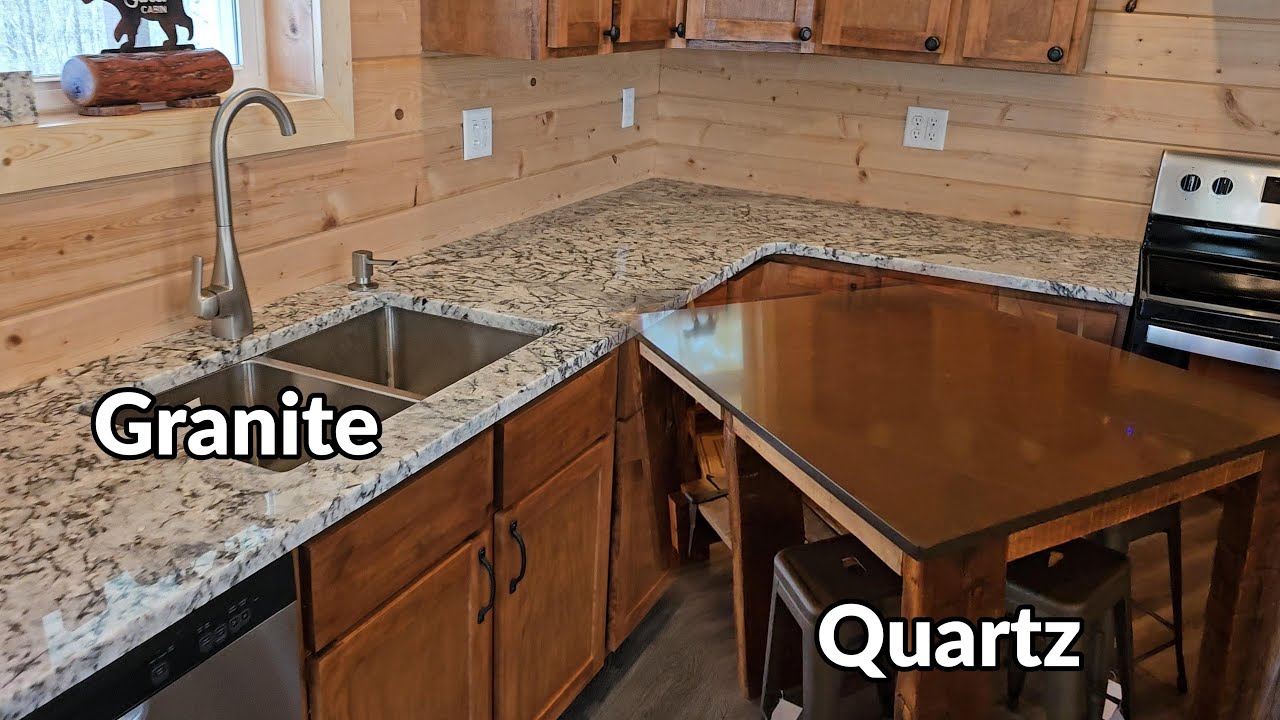 Installing granite countertops and quartz breakfast bar in our rustic cabin