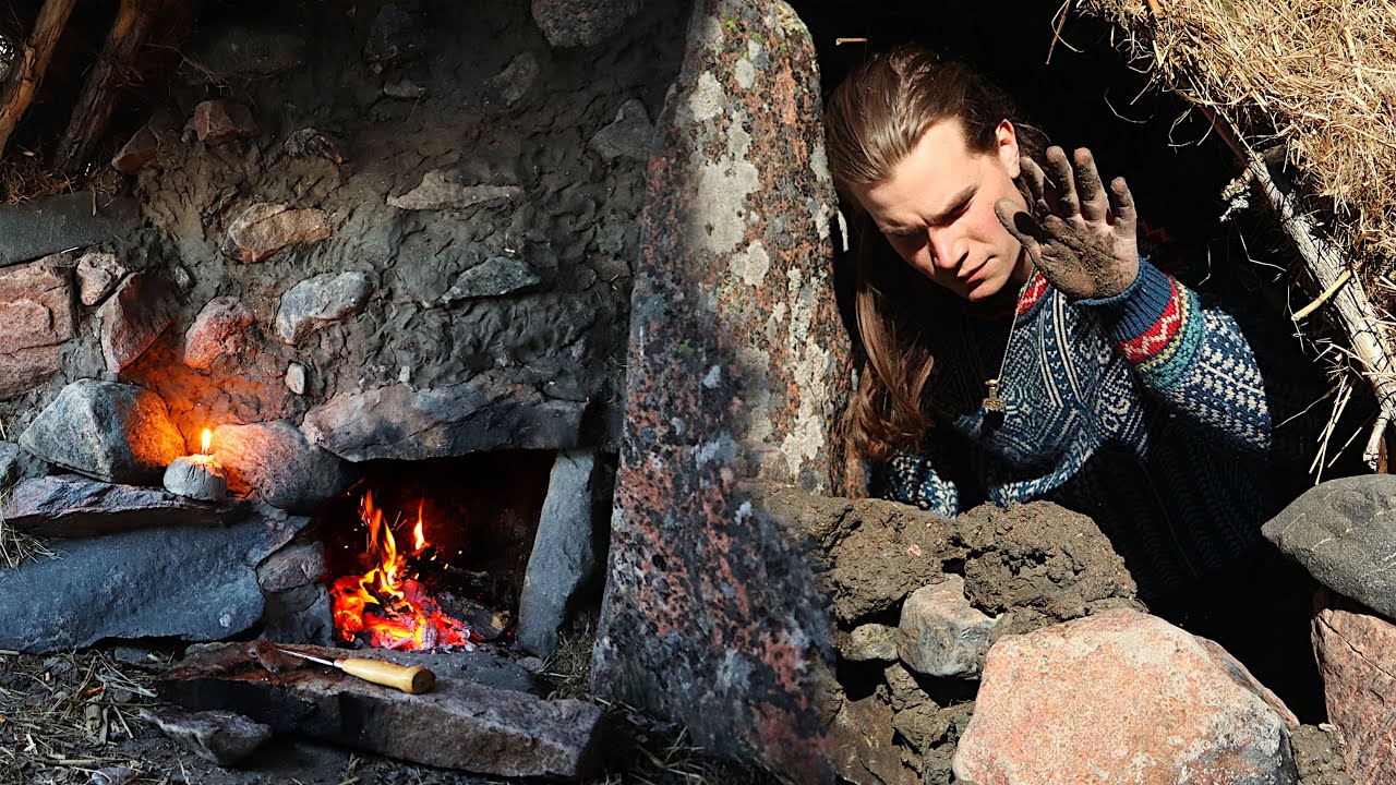 Outdoor bushcraft | Building a shelter with fireplace and chimney