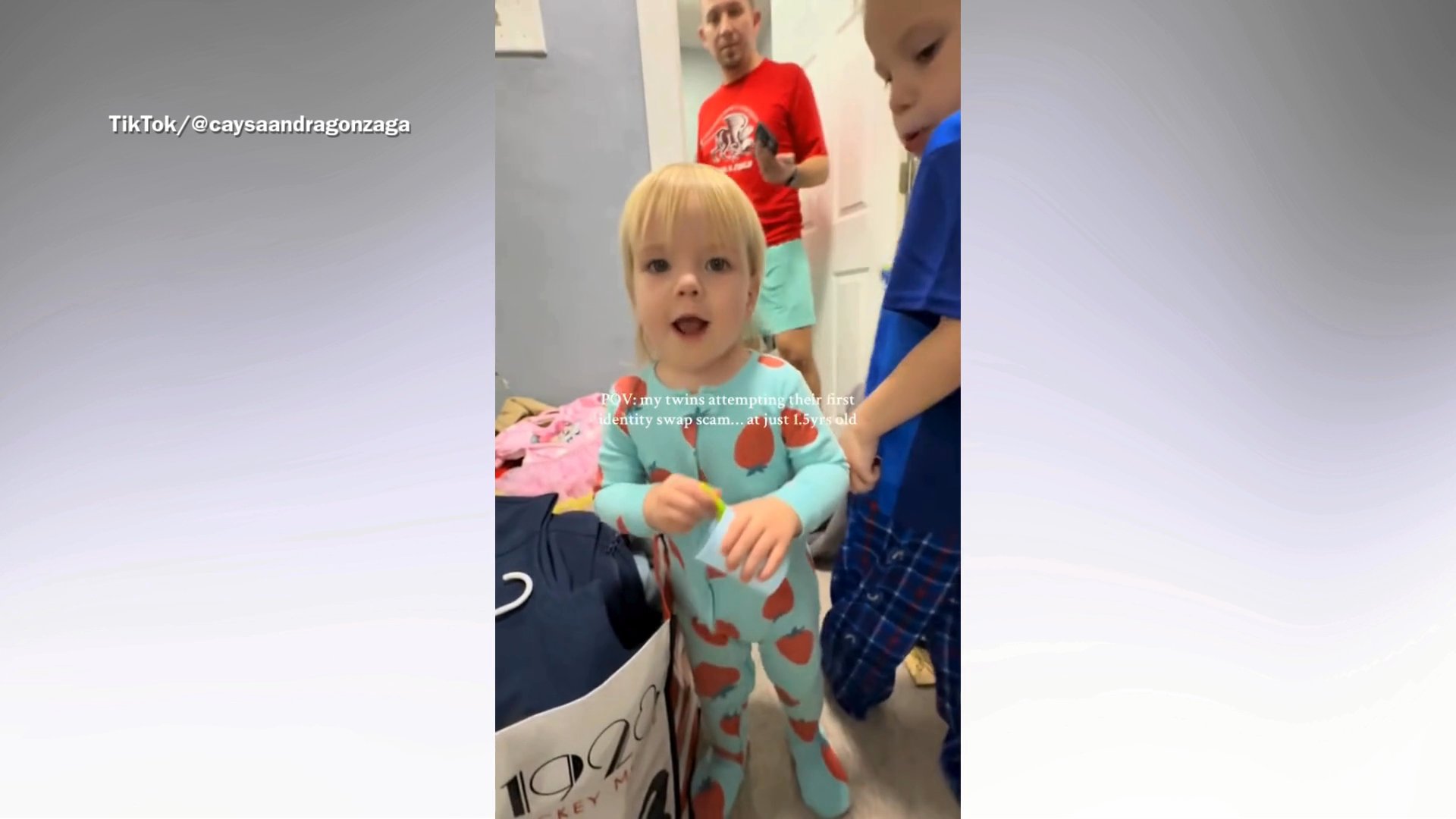 Identical twin toddlers attempt their first 'identity swap scam'