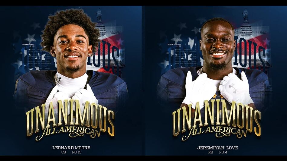 Notre Dame’s Jeremiyah Love, Leonard Moore earn unanimous All-American ...