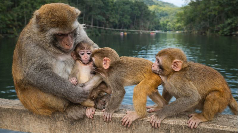 Funny Monkey Family Playtime Together