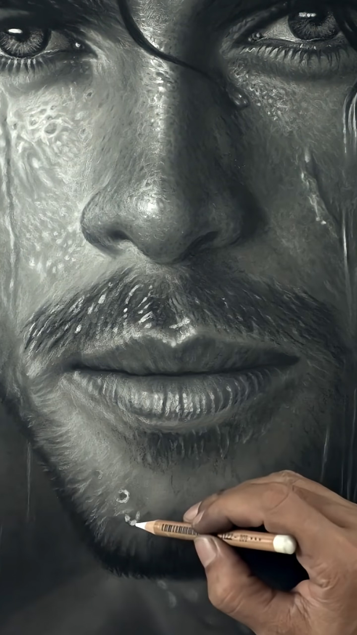 Detailed realistic artwork capturing a man in a rain filled scene