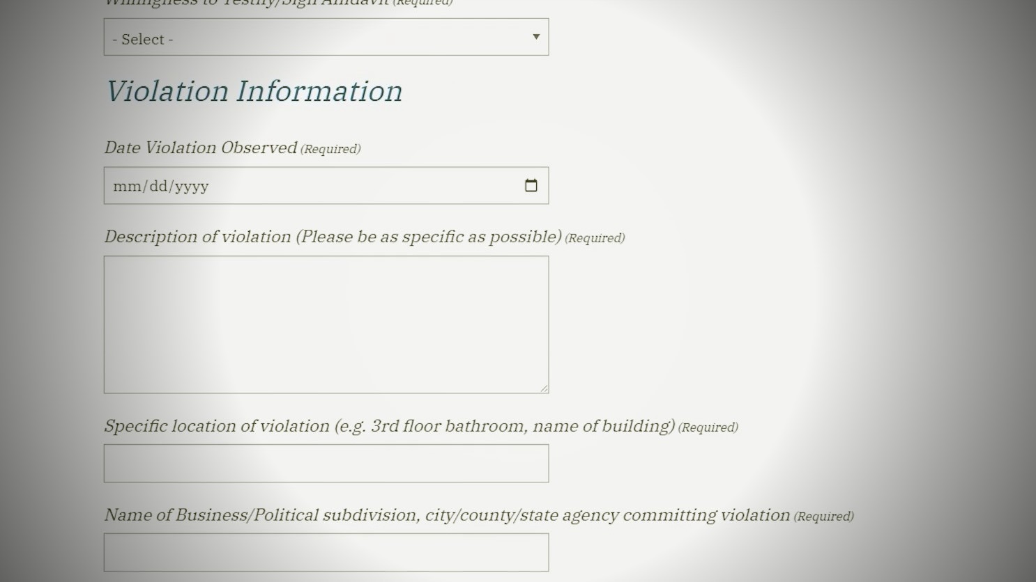 'Bathroom bill' tip violation form on Texas AG's website