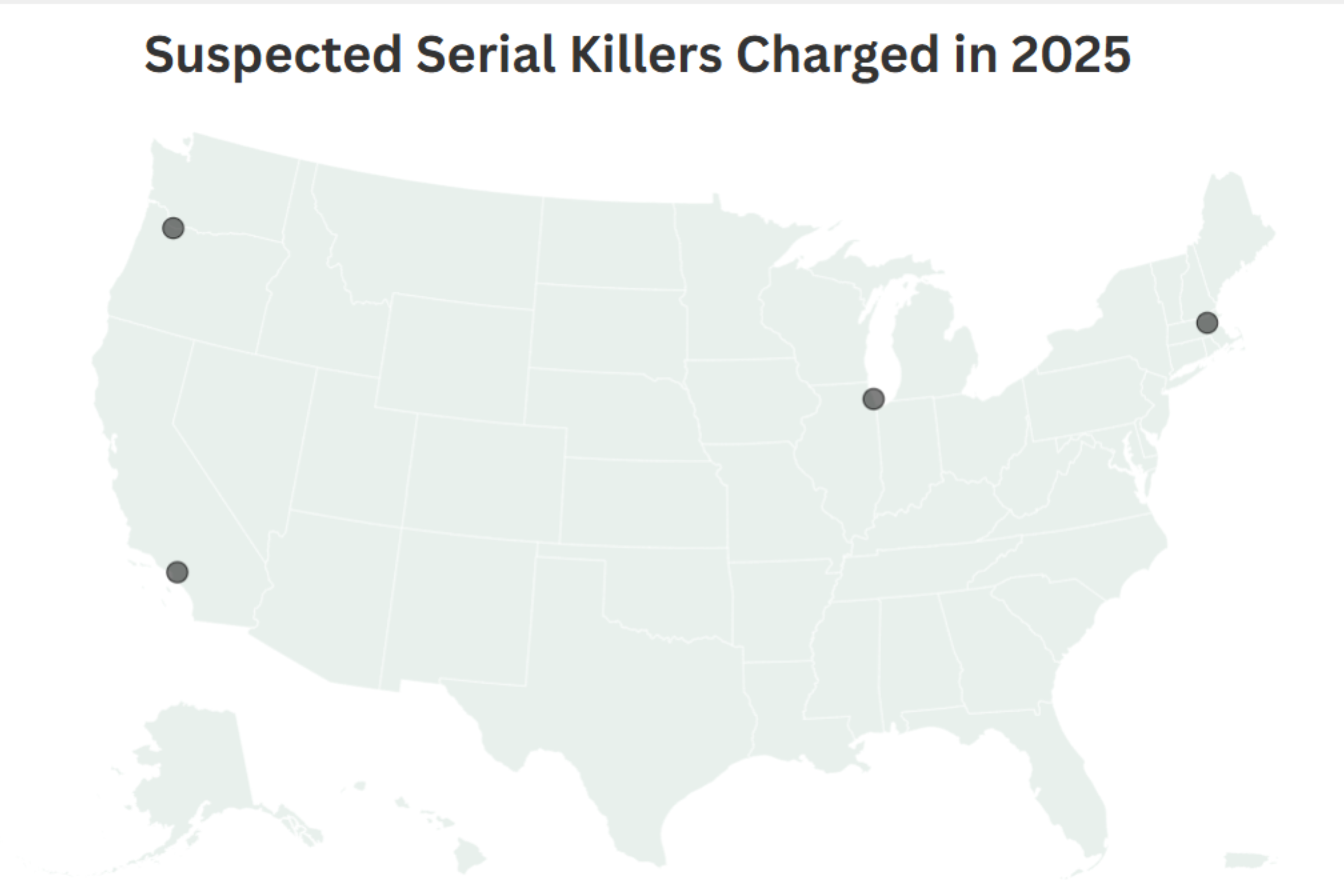 Map shows four suspected serial killers charged in 2025