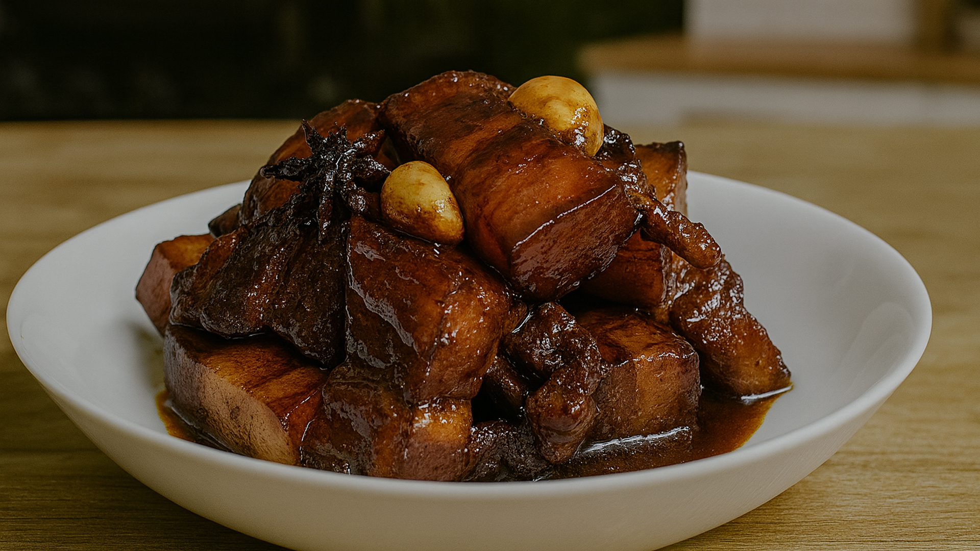 Red braised pork belly cooked low and slow