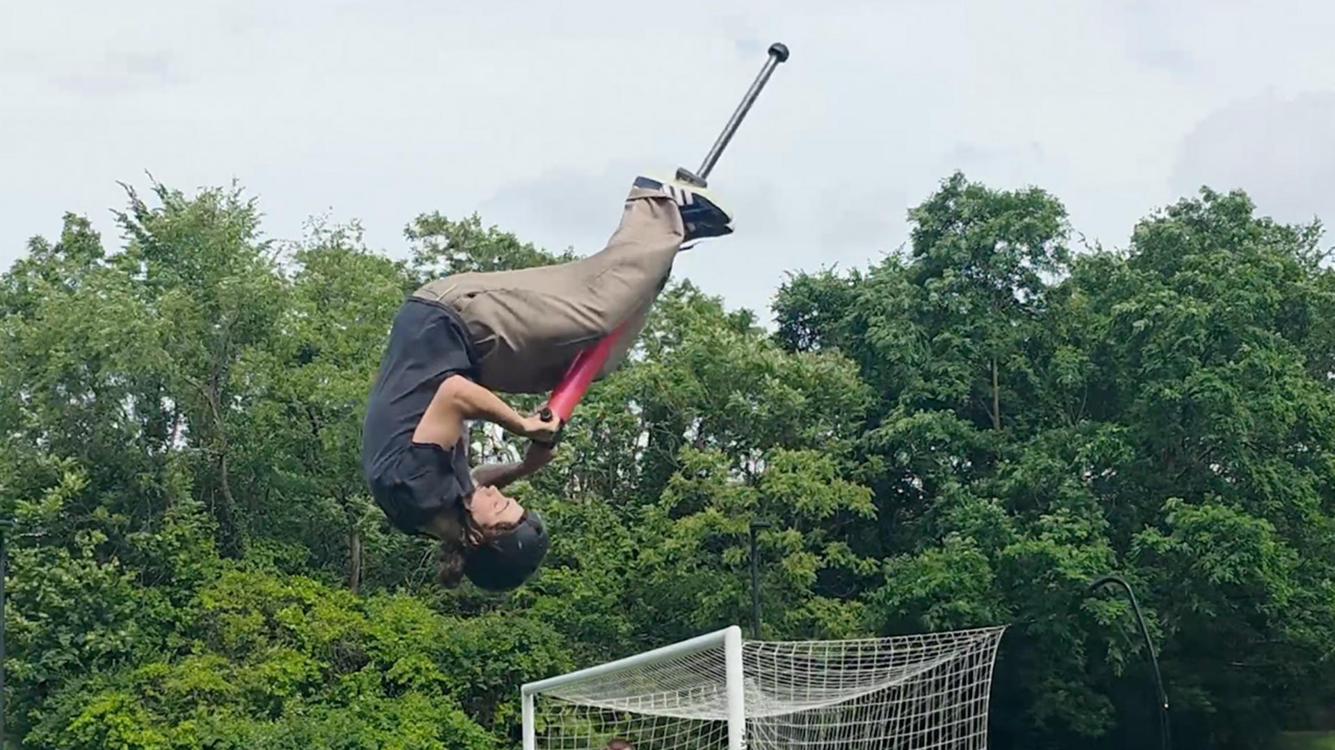 Farthest forward flip pogo jump 6.75 metres (22 ft 2 in) by Henry Cabelus