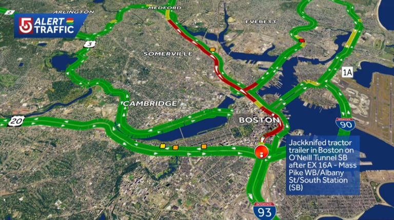 Jackknifed tractor-trailer in Tip O'Neill Tunnel shuts down I-93 in Boston