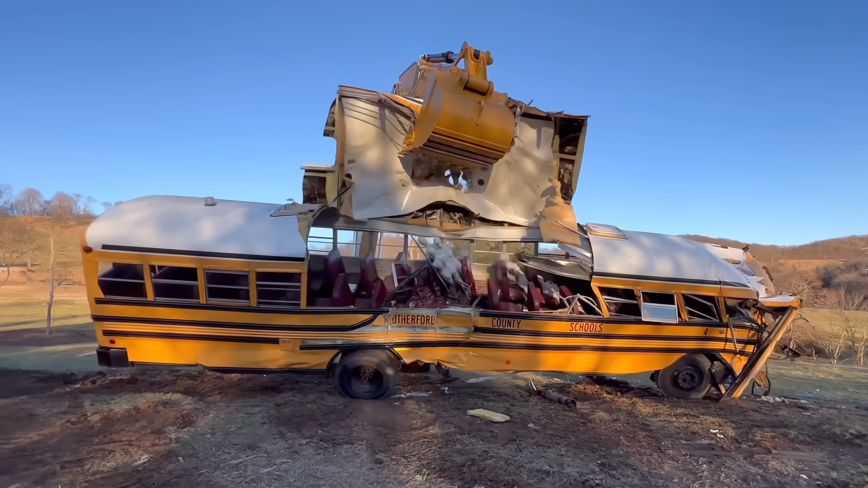 School bus gets destroyed by an 81,000 lb machine