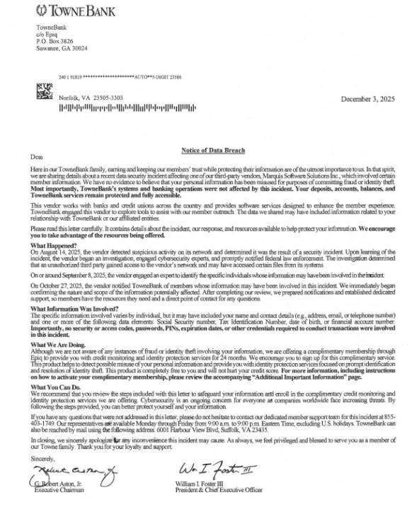 TowneBank notifies customers of potential data breach from vendor