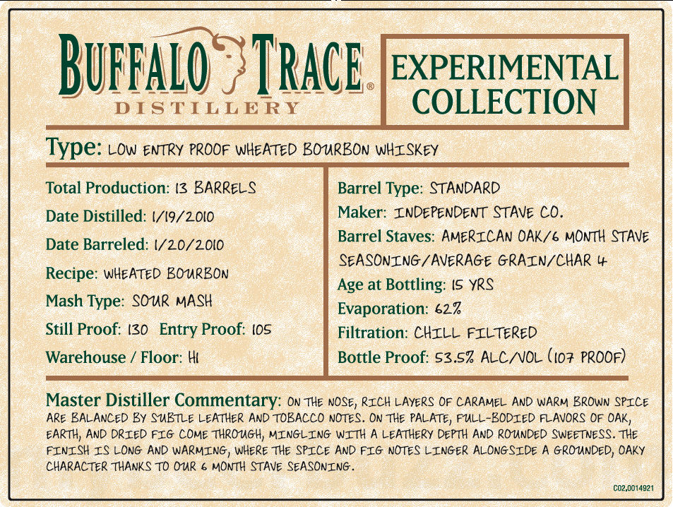 Buffalo Trace Experimental Collection 15 year low entry proof wheated ...