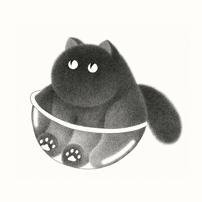 69 illustrations by Kamwei Fong featuring fluffy and grumpy cats