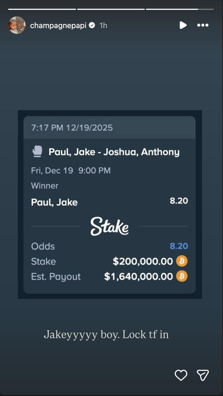 Drake bets $200K on Jake Paul to beat Anthony Joshua: "Lock it in"