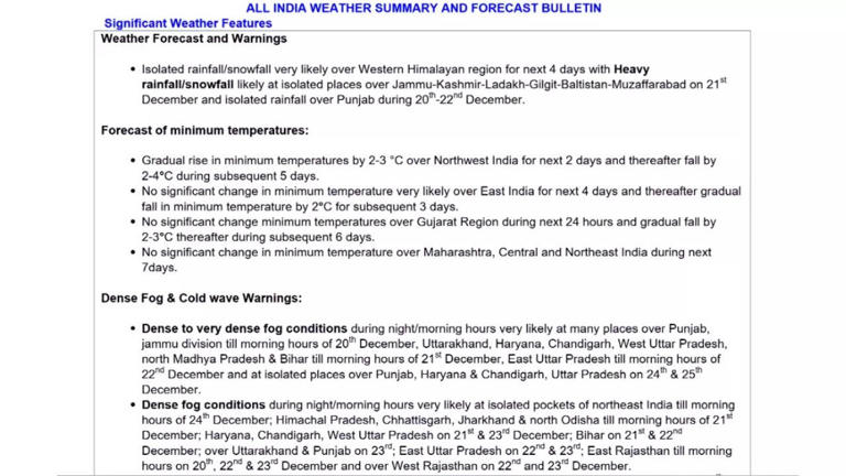 IMD predicts western disturbances, dense fog and cold waves for late ...