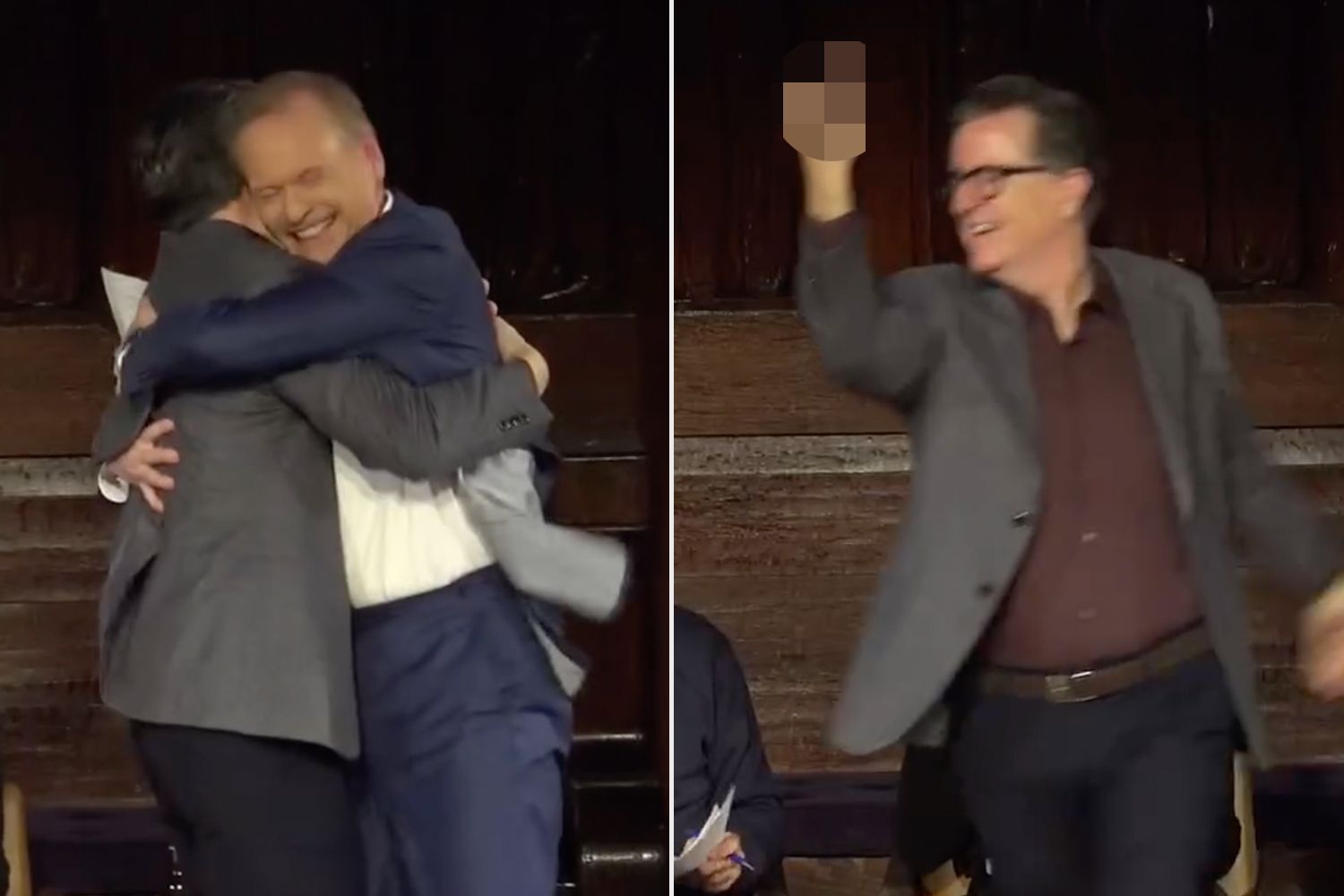 Stephen Colbert gives the middle finger after hugging CBS Evening's ...