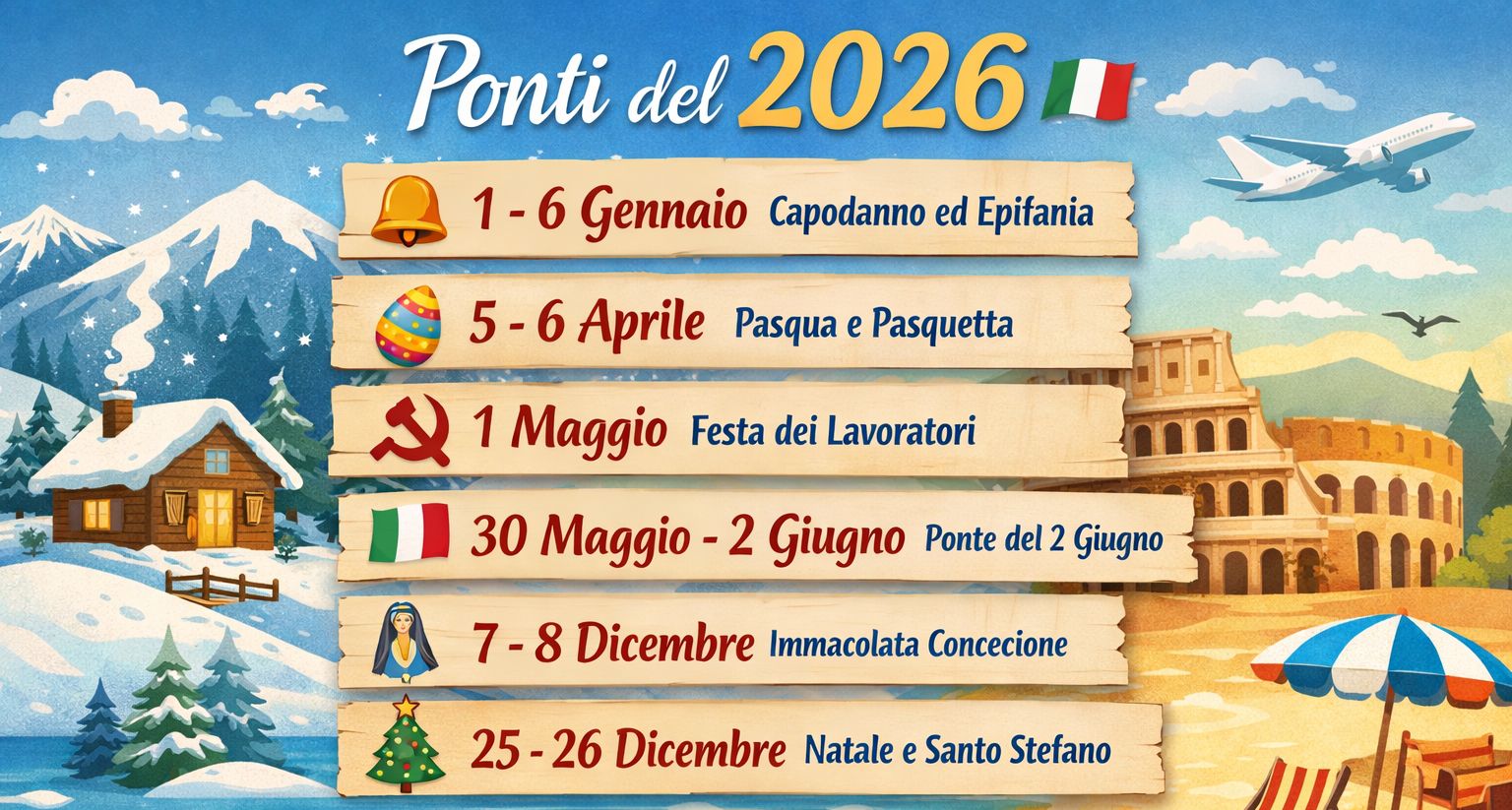 Ponti 2026: il calendario completo per programmare viaggi e weekend lunghi