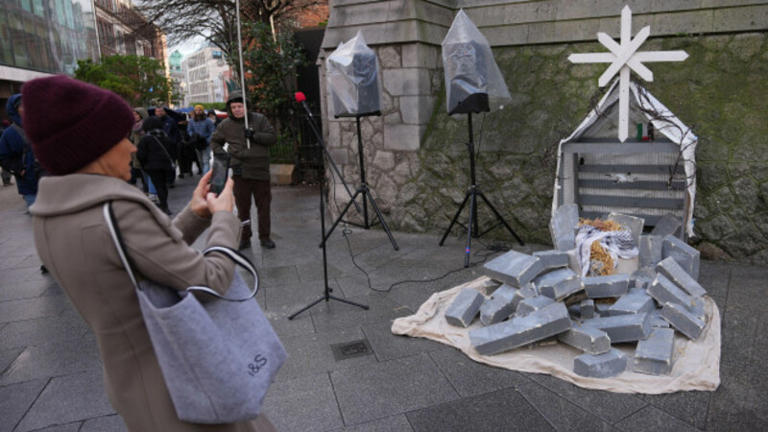 Nativity scene recreated in Dublin shows baby Jesus lying in rubble in ...
