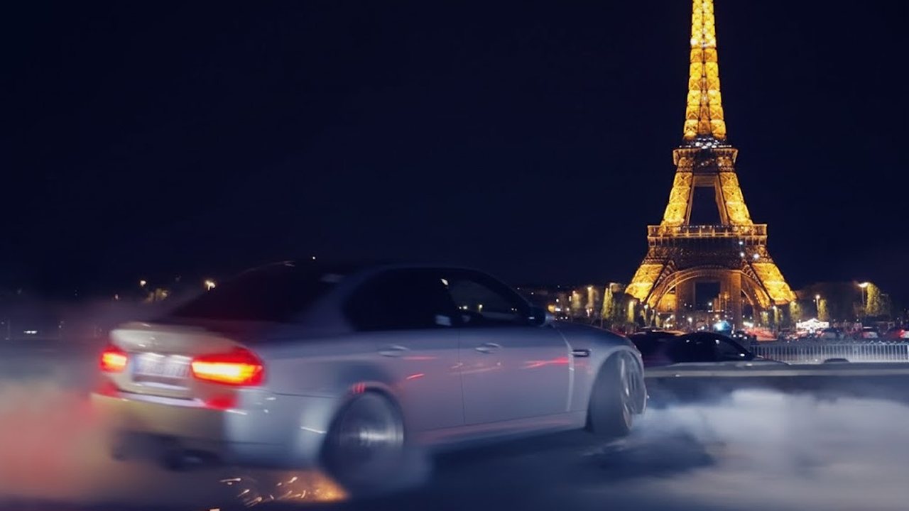 Ferrari drifting near the Eiffel Tower