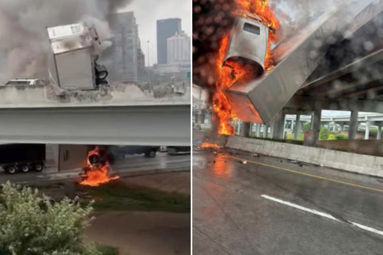 Man escapes burning truck by jumping over 20 feet after horror accident!