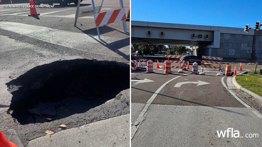 Large hole opens at intersection near Clearwater shopping center
