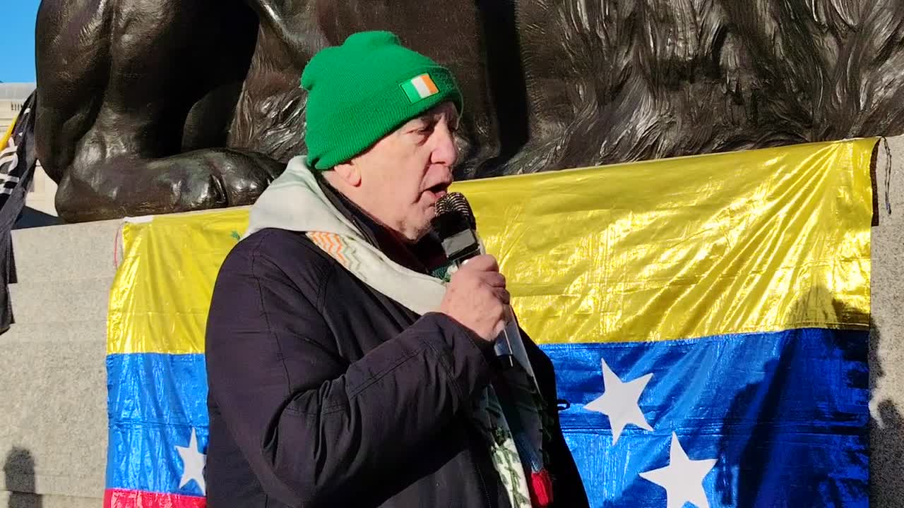An Irish speaker at the rally 'Hands off Venezuela, no war for oil' in ...