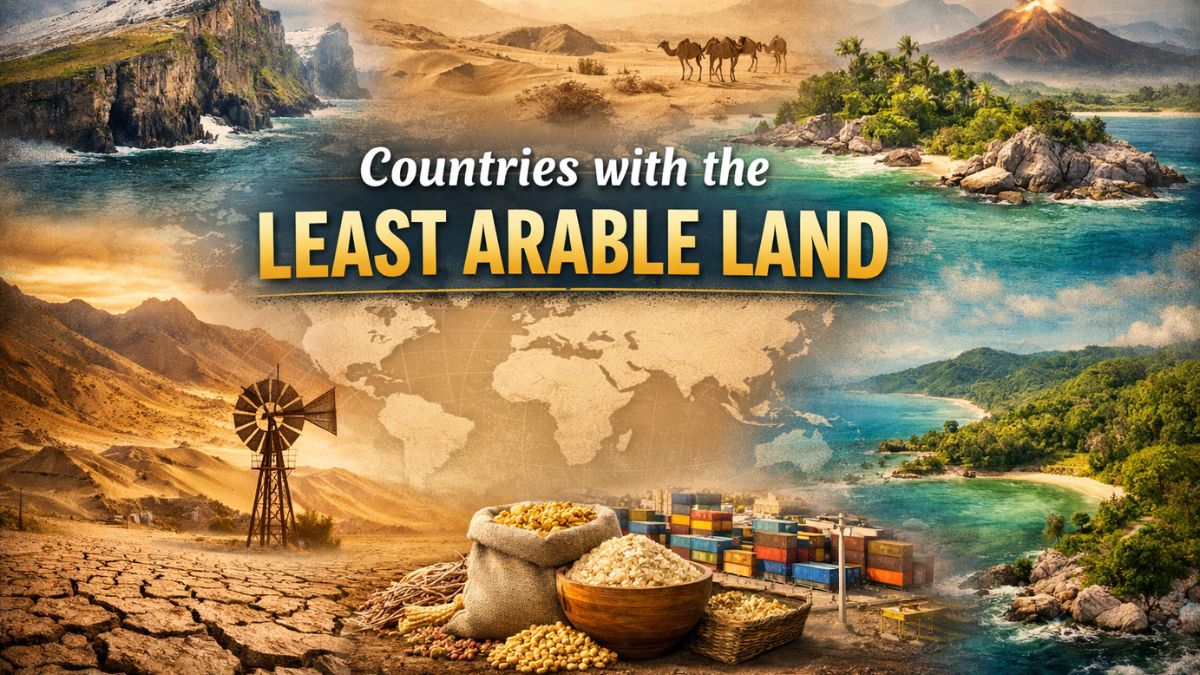 Which are the top 10 countries with the least arable land (% of land area)?