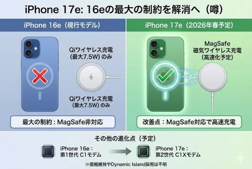 次期iPhone 17e、MagSafe対応で高速充電ゲット?