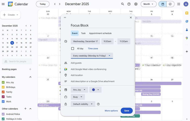 My Google Calendar's 'me-time' sprawl is over thanks to 'Focus Time'