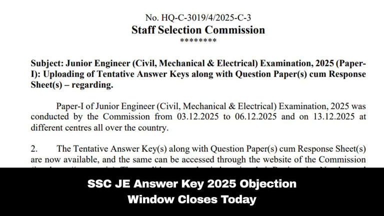 SSC JE provisional answer key 2025: Last chance to raise objection ...