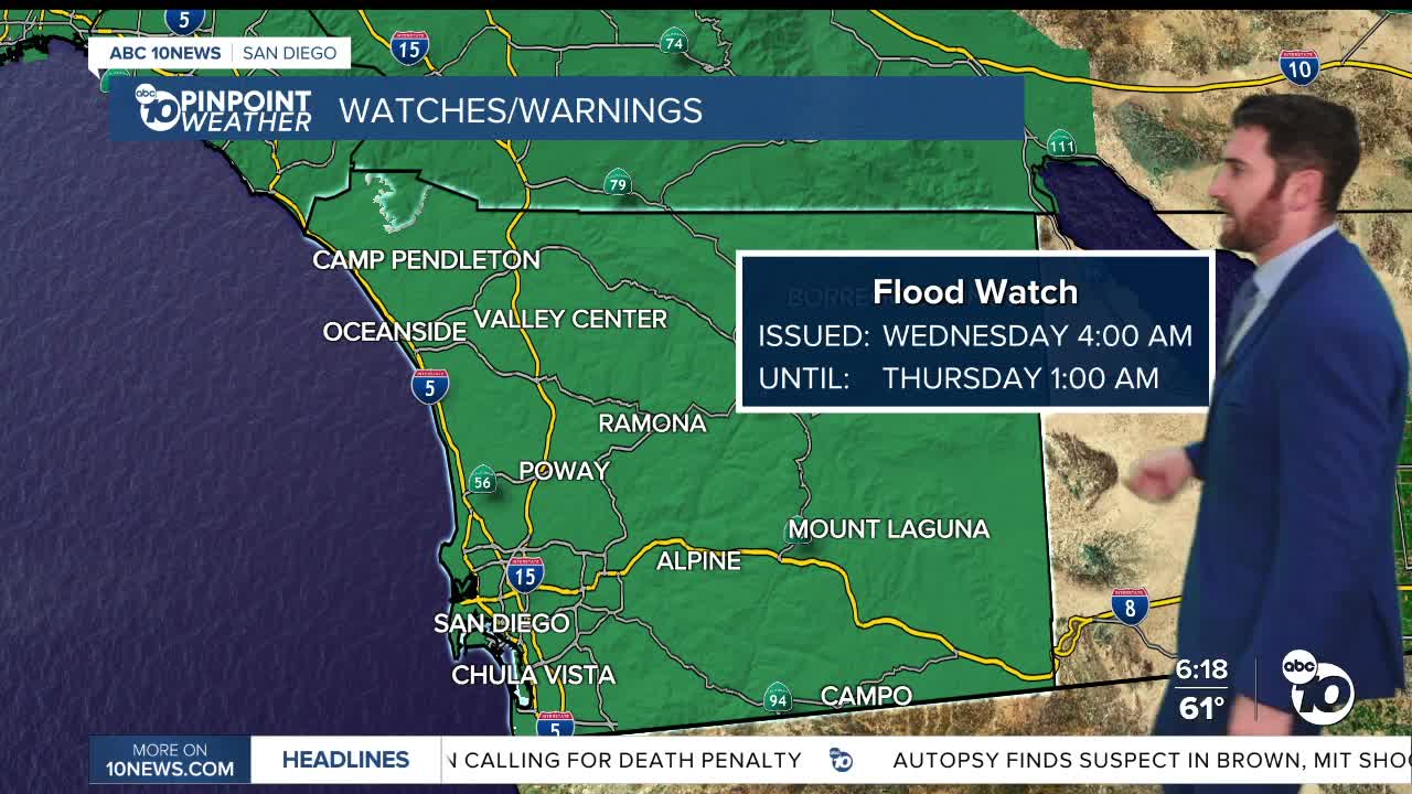 ABC 10News Pinpoint Weather with Max Goldwasser: Flood watch now in ...