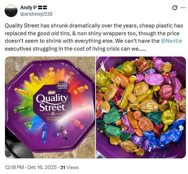 Quality Street 'shrinkflation' leaves fans outraged over sad plastic ...