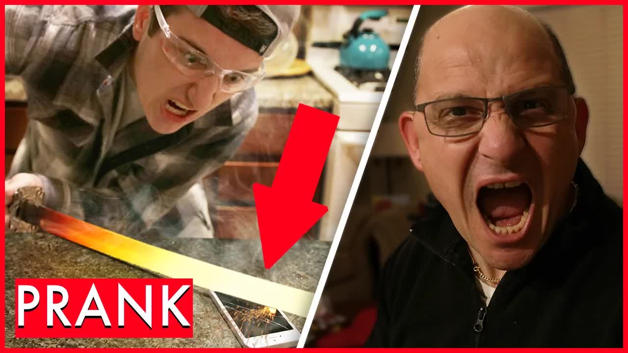 Pranking my dad (destroying iPhone + 1000 degree katana) 😱