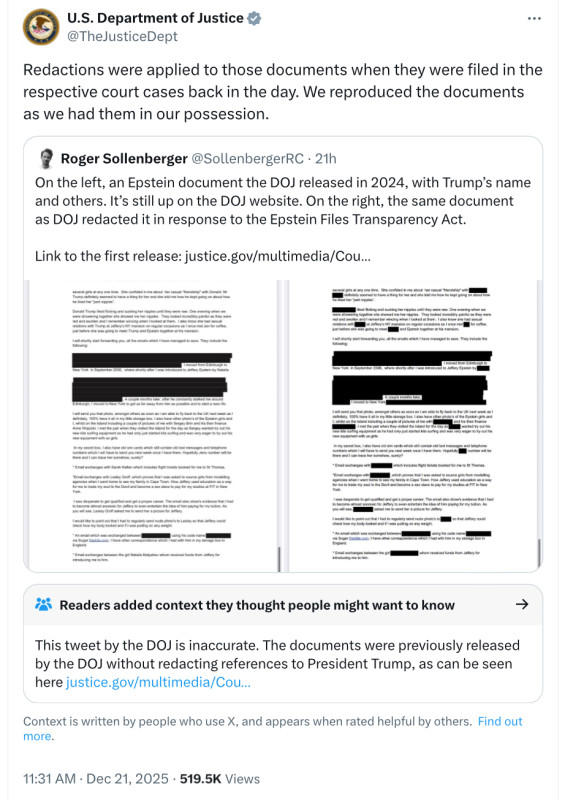 Trump’s DOJ blasted with more Epstein files community notes