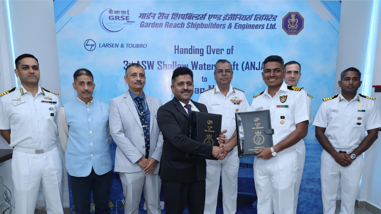 GRSE delivers 5th warship of the year, ASW SWC Anjadip to Indian Navy