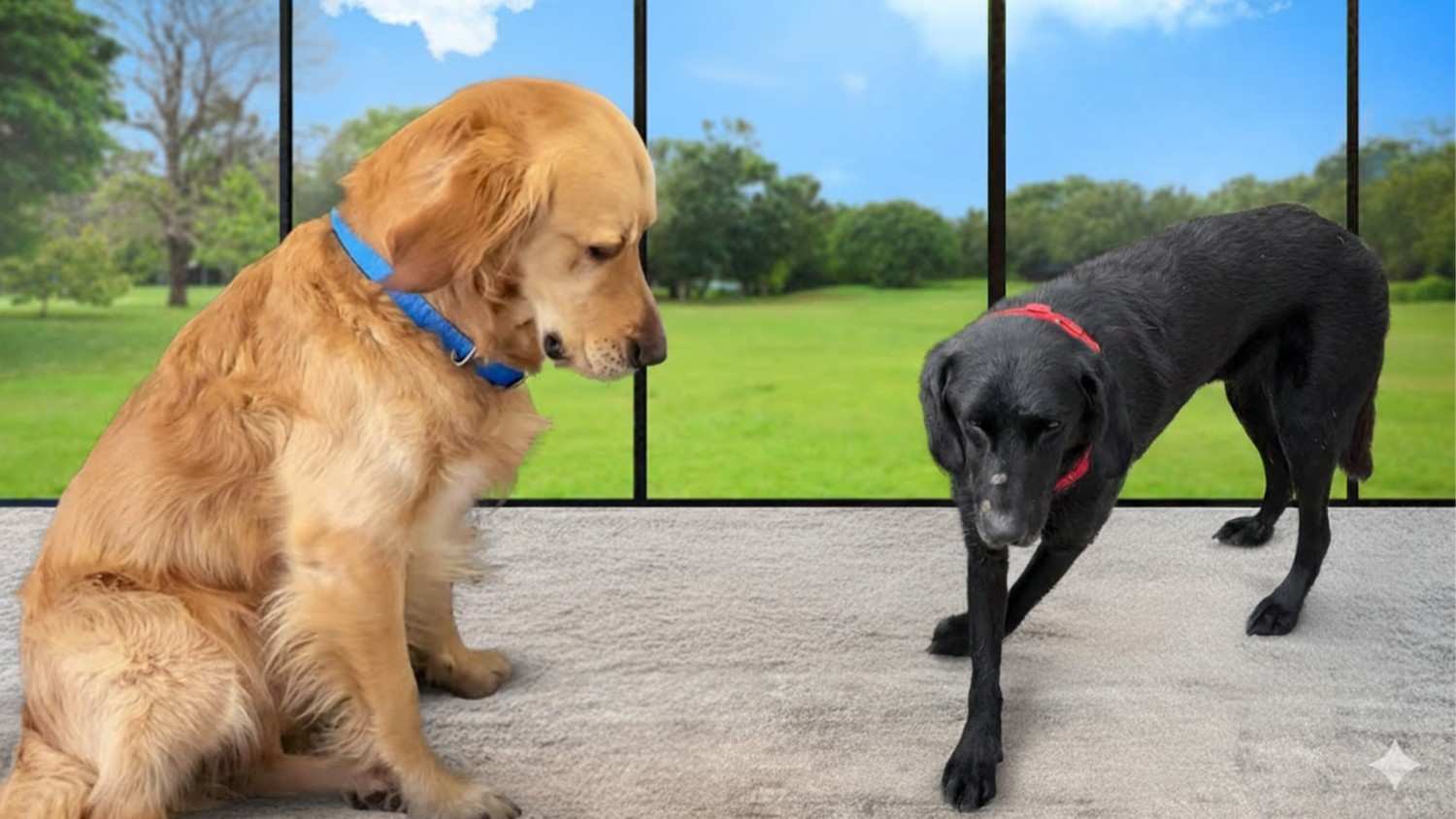 Golden retriever meets traumatized rescue dog for the first time