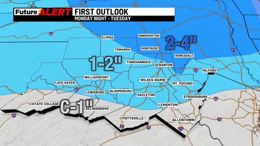 How much snow will Pennsylvania get Monday into Tuesday?