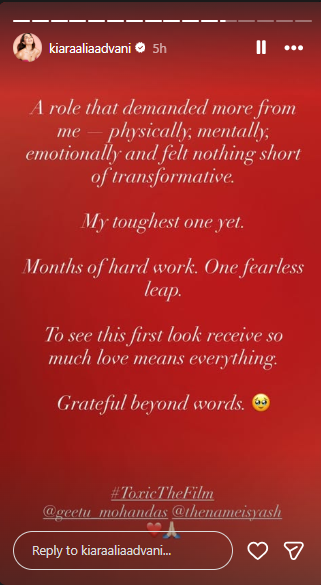 Kiara Advani calls ‘Toxic’ role her 'toughest yet', first look wows fans