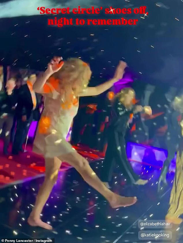 Penny Lancaster kicks off her shoes to show off her dance moves during ...