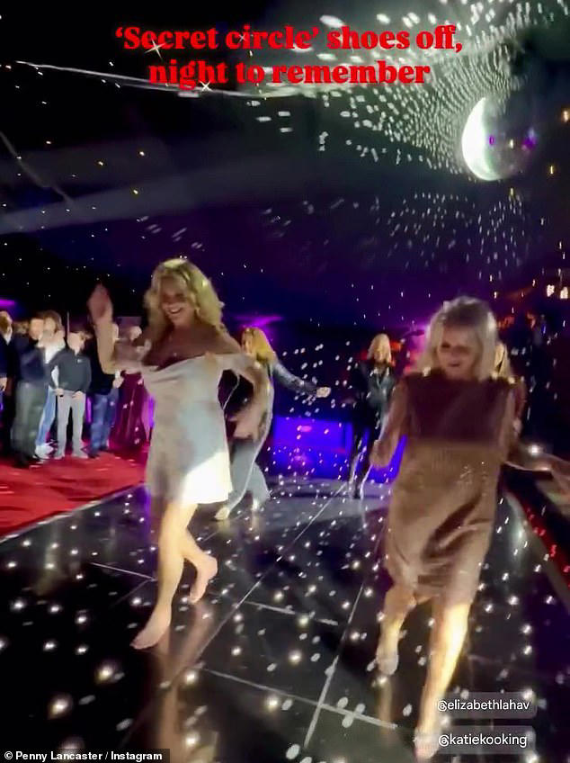 Penny Lancaster kicks off her shoes to show off her dance moves during ...