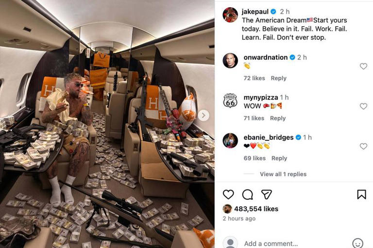 Jake Paul brandishes gun and flaunts cash on plane in Floyd Mayweather ...
