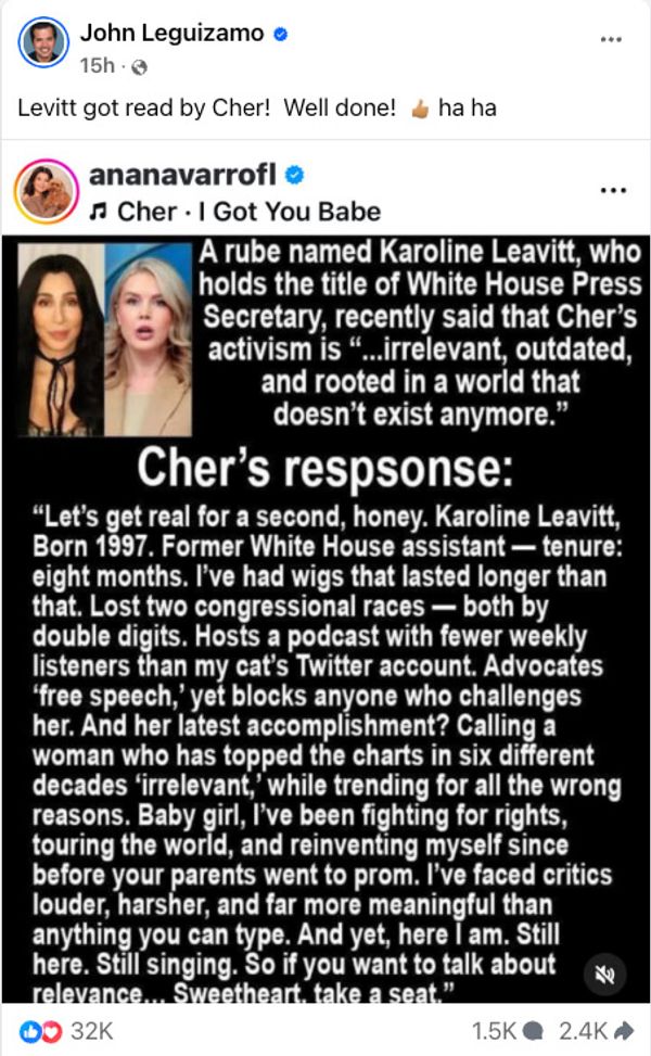 Rumor has it Cher responded to Karoline Leavitt calling her 'irrelevant ...