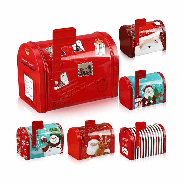 Dollar Tree is selling cute mini Christmas tins that are mailbox-shaped